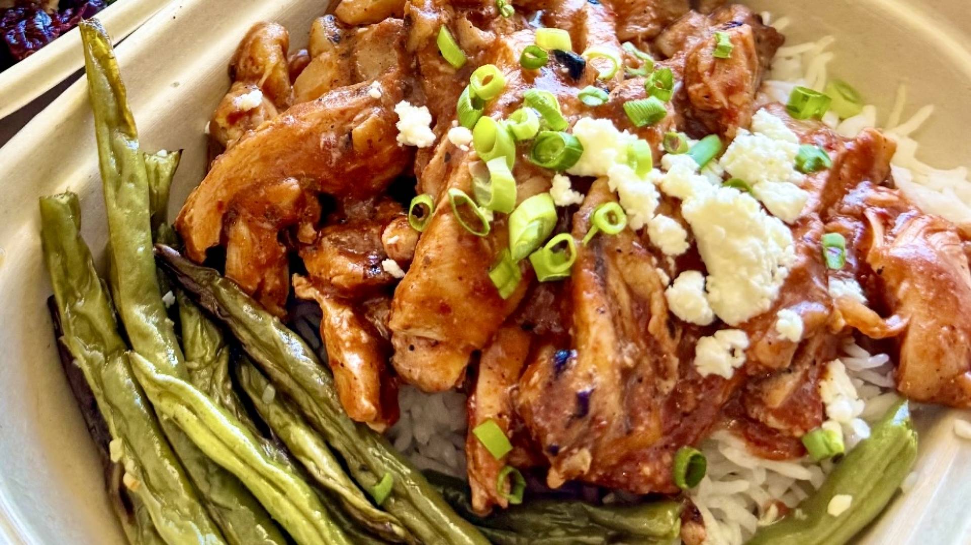 Adobo Honey Chicken Thigh over Rice with Green Beans and Feta (A little ...